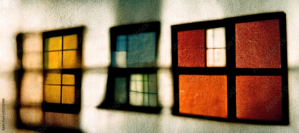 Abstract square building window frames, multi colored blocks and blurry ...