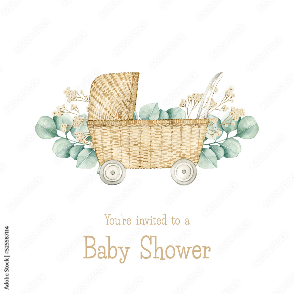 Watercolor illustration baby shower card with eucalyptus and baby ...