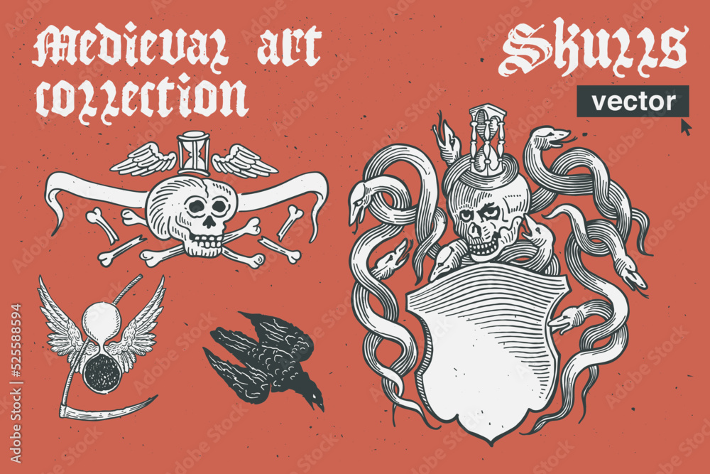 Skulls and design elements vector engraving style illustration ...