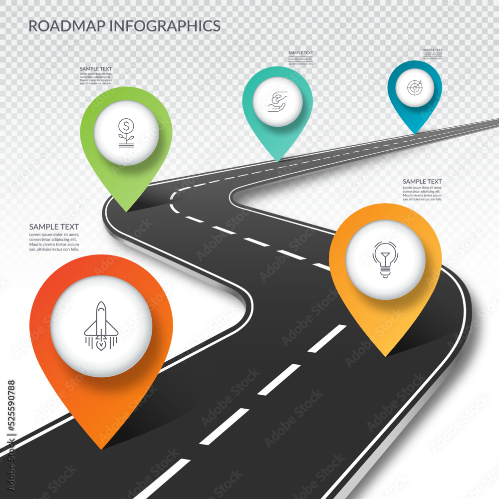 Roadmap timeline infographic template with 5 pin pointers on the way ...