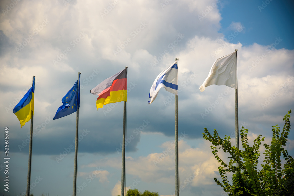 The flag of the European Union and flags of Ukraine, Israel, Germany ...