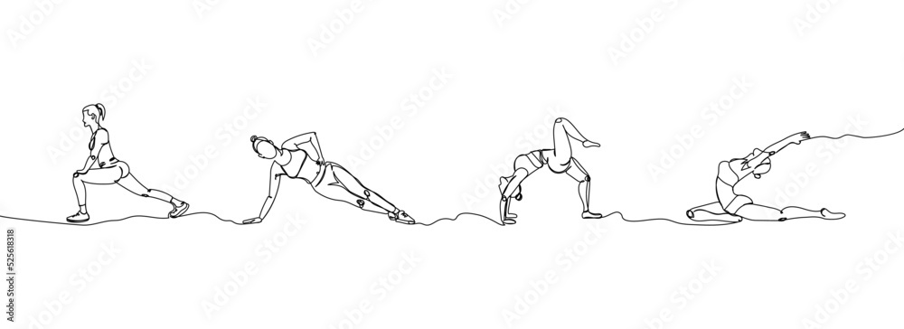 Gymnast, yoga, fitness people, training set one line art. Continuous ...