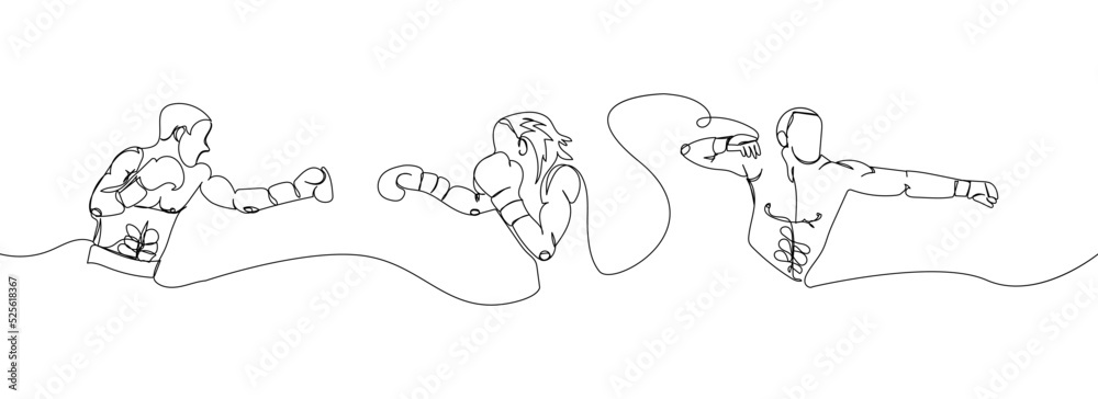 Boxers in fight set one line art. Continuous line drawing protective ...