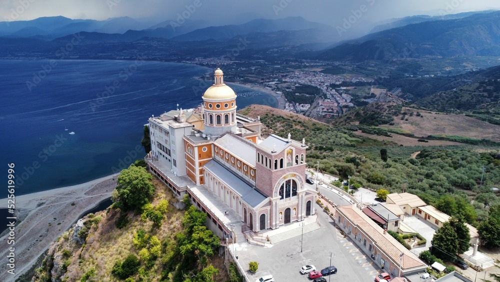 High angle shot of the beautiful town Tindari with its sanctuary on the ...