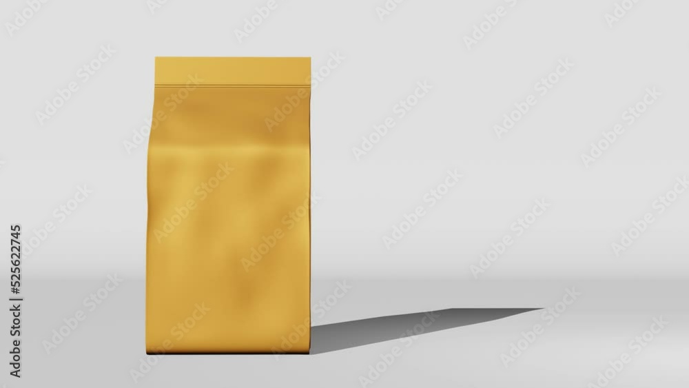 Golden standing box bottom pouch bag coffee branding 3D animation ...