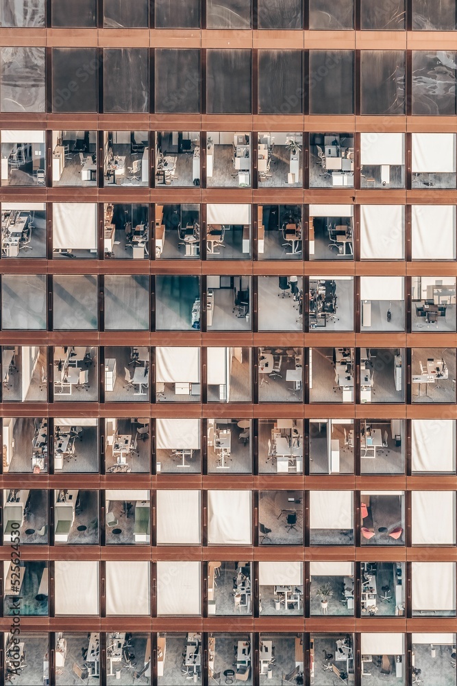 Vertical front view of a glass office building from windows Stock Photo ...