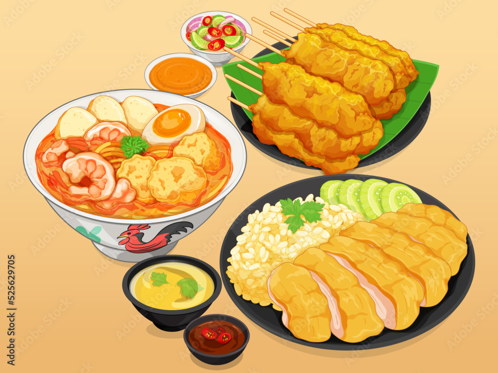 Laksa singapore noodles food menu close up illustration vector. Thai ...