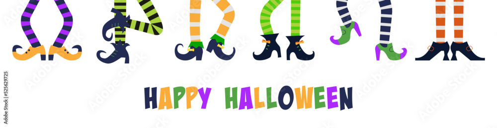 Happy Halloween funny background or banner with witches. Their feet set ...