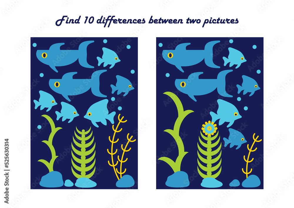 Find 10 differences. Educational game for children. Underwater sea ...