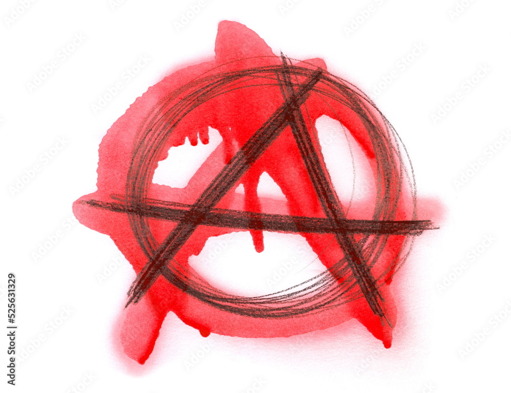 Anarchy symbol drawing, punk sign and red spray stain dripping drops ...