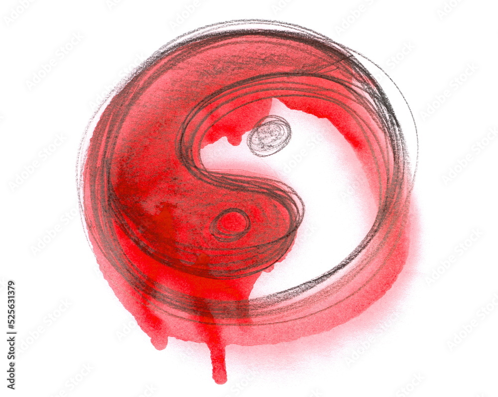 Hand drawn ying yang symbol of harmony, balance and red spray stain dripping drops Stock ...