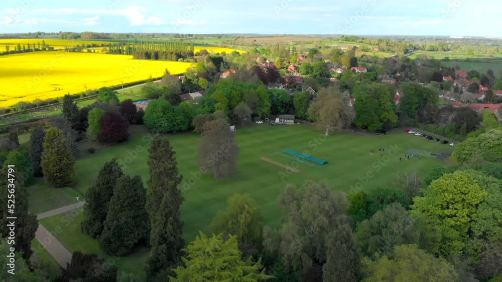 English cricket pitch with colorful trees in a village in the English ...