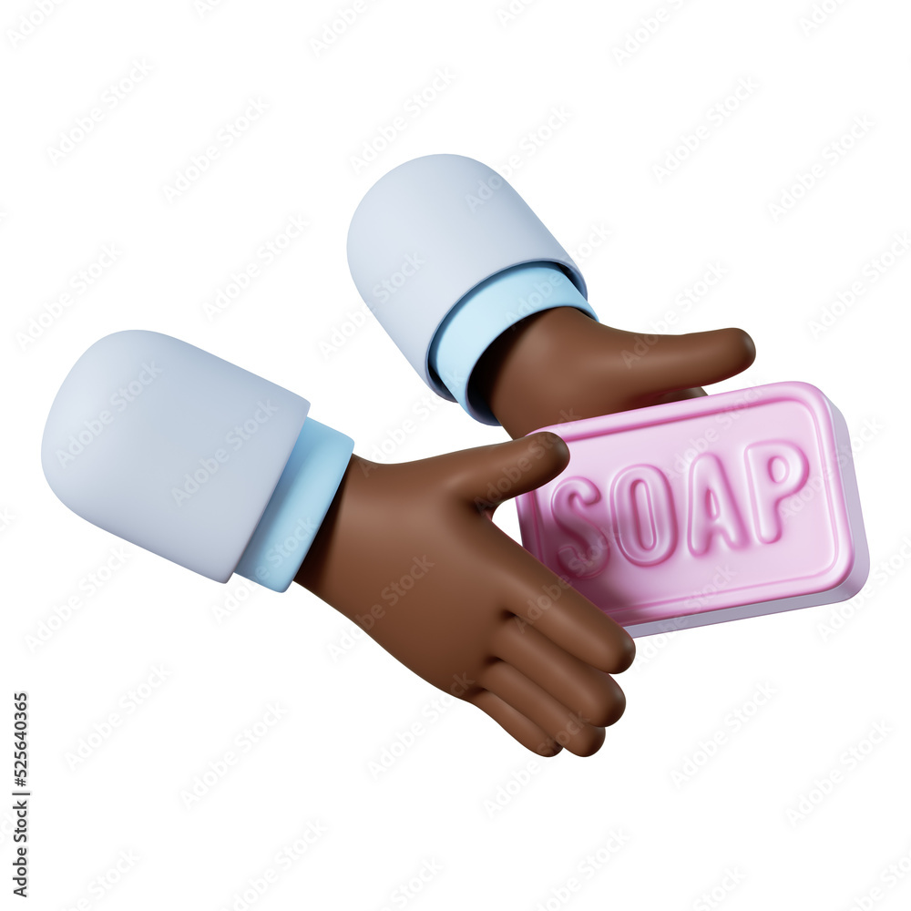 3d render. Hygiene icon. Cartoon character african doctor washes hands ...