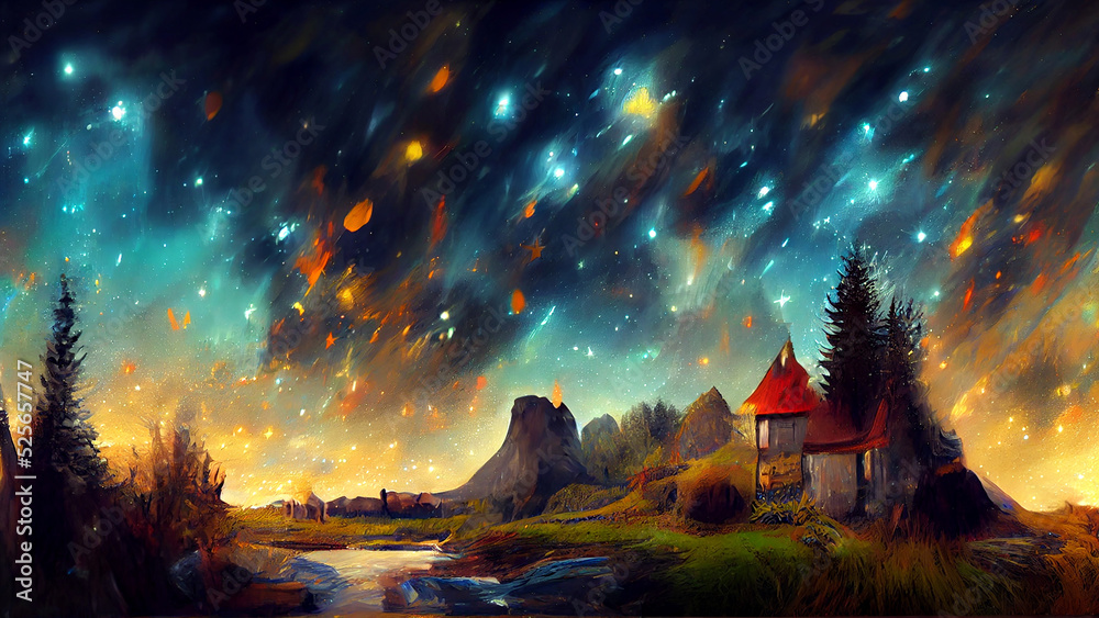 Fantasy fairy tale hand drawn picture book. Beautiful starry night with ...