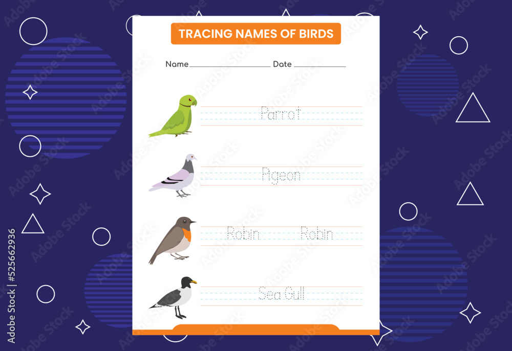 Trace the names of birds. Handwriting practice for preschool kids Stock ...
