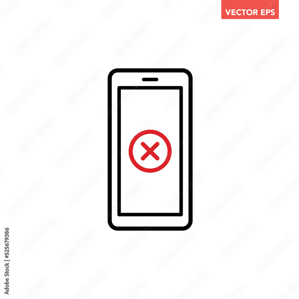 Black single phone with red failed x alert line icon, simple digital ...