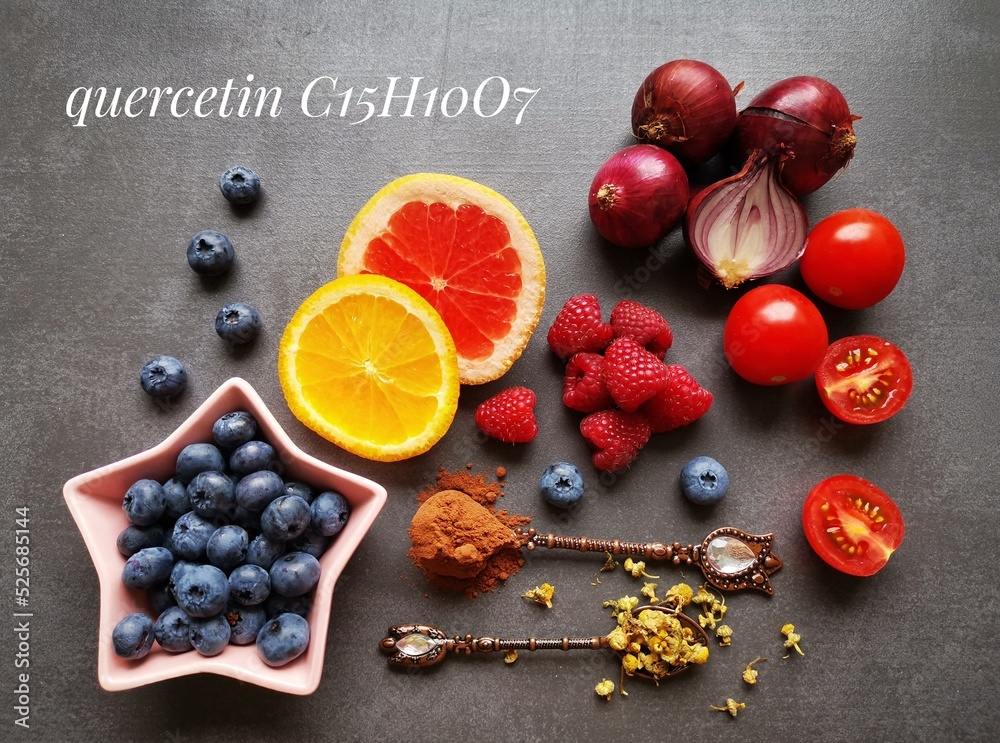 Structural chemical formula of quercetin molecule with fresh fruit and ...