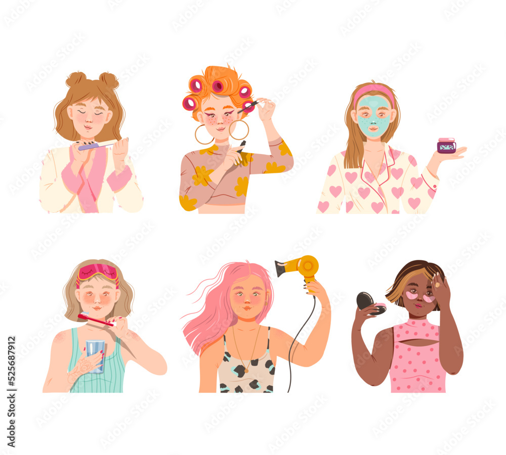 Young woman during everyday hygiene routine set. The girl filing her ...