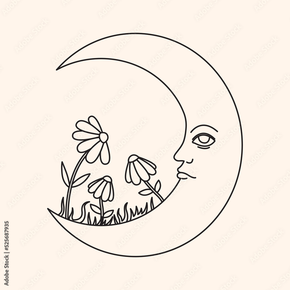 Outline groovy crescent with flowers. 60s and 70s vibes psychedelic ...