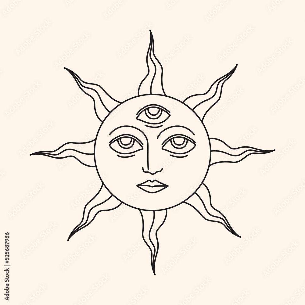Outline retro groovy sun with three eyes. 60s and 70s vibes psychedelic ...