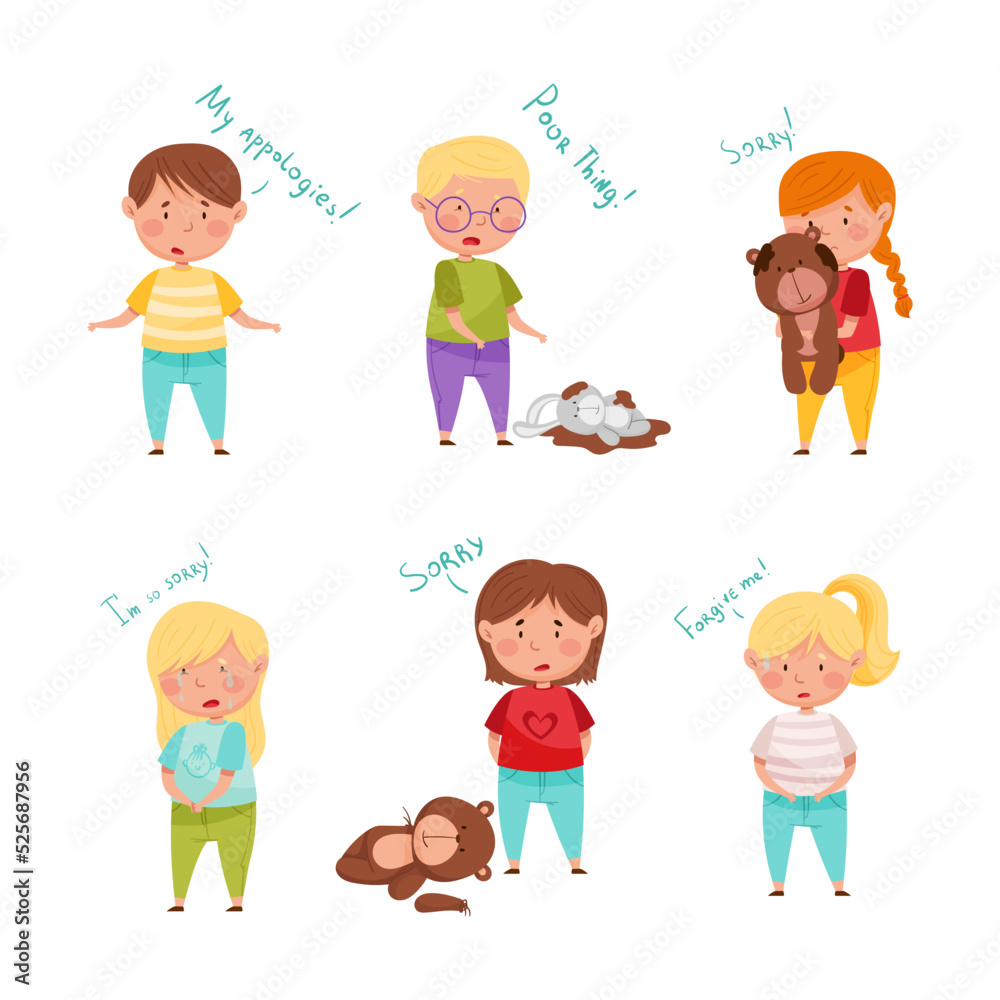 Good manners. Polite little children apologizing set. Boys and girls ...