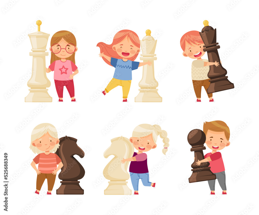 Children holding big chess pieces while playing chess strategy game for ...