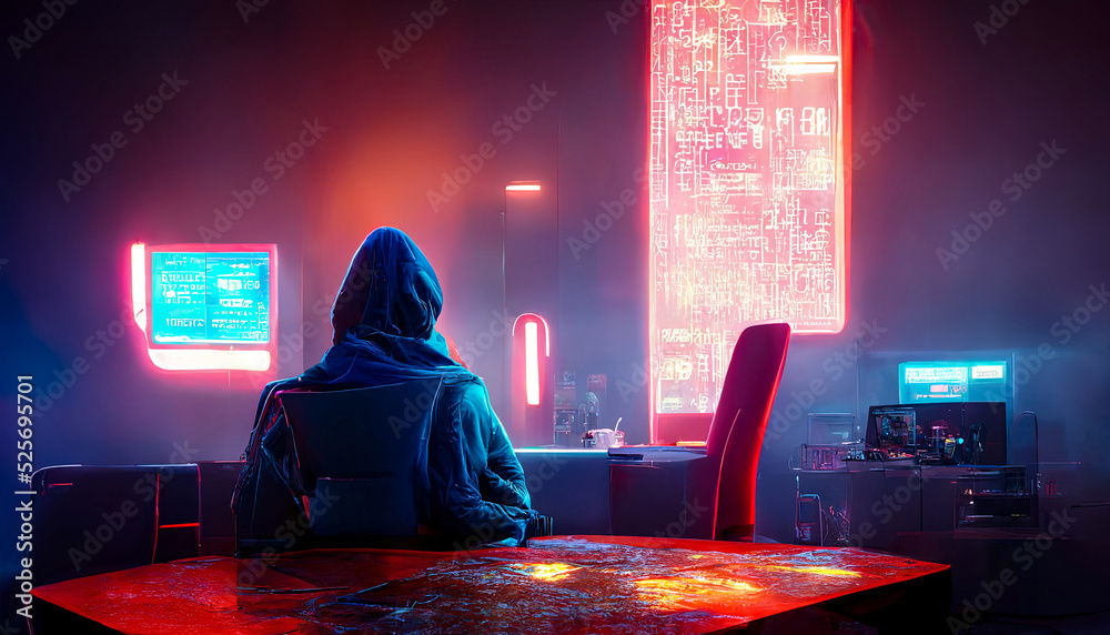 A young guy, a hacker, in a sweatshirt with a hood sits at a table in a ...