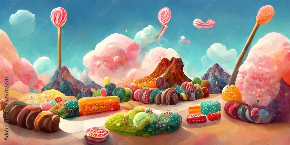 Fantasy candy land with colorful made of candy, lollipops, cake ...