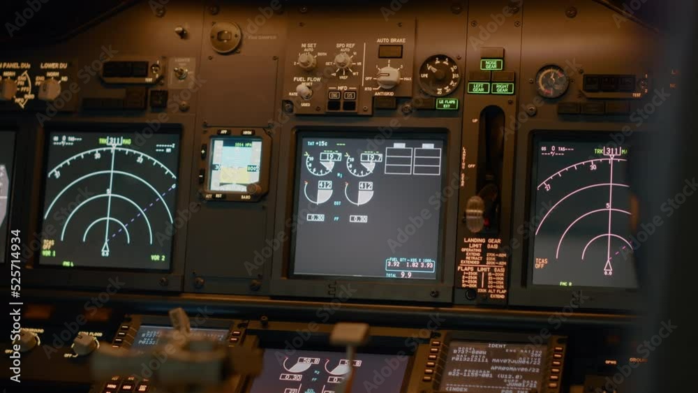 Airplane cockpit with flying command on control panel and dashboard for ...