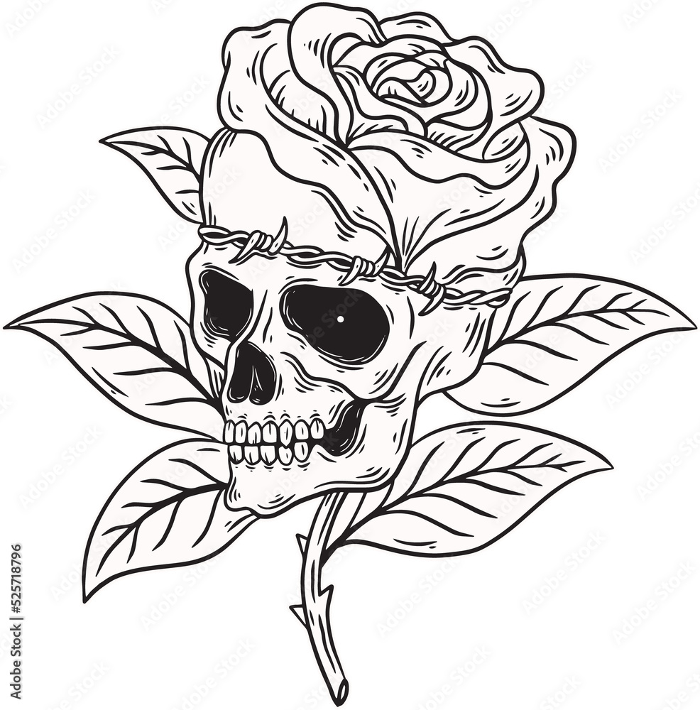 Skull Rose Dark illustration Skull Bones Head Hand drawn Hatching ...
