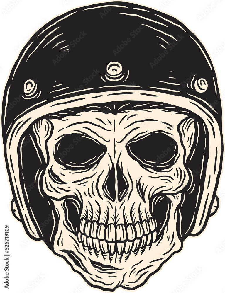 Dark art Skull Rider Helmet Bones Head Hand drawn Hatching Outline ...