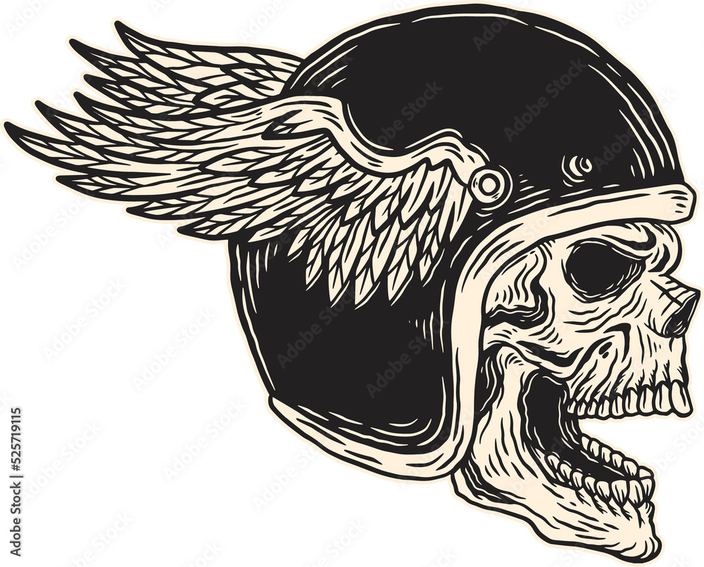 Dark art Skull Rider Helmet Bones Head Hand drawn Hatching Outline ...