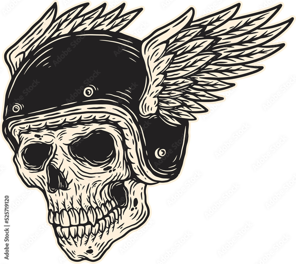 Dark art Skull Rider Helmet Bones Head Hand drawn Hatching Outline ...