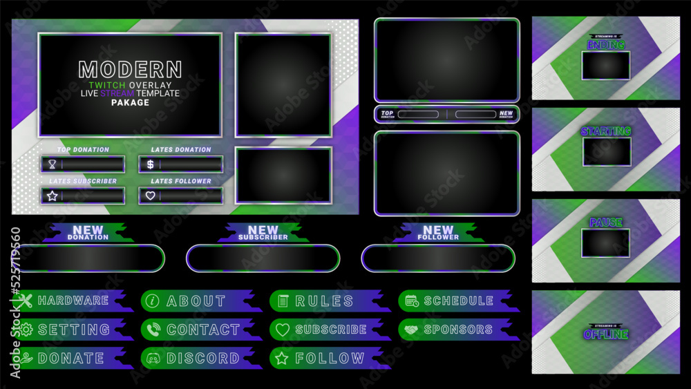 twitch Stream Facecam OBS Template green Purple overlay design Pack ...