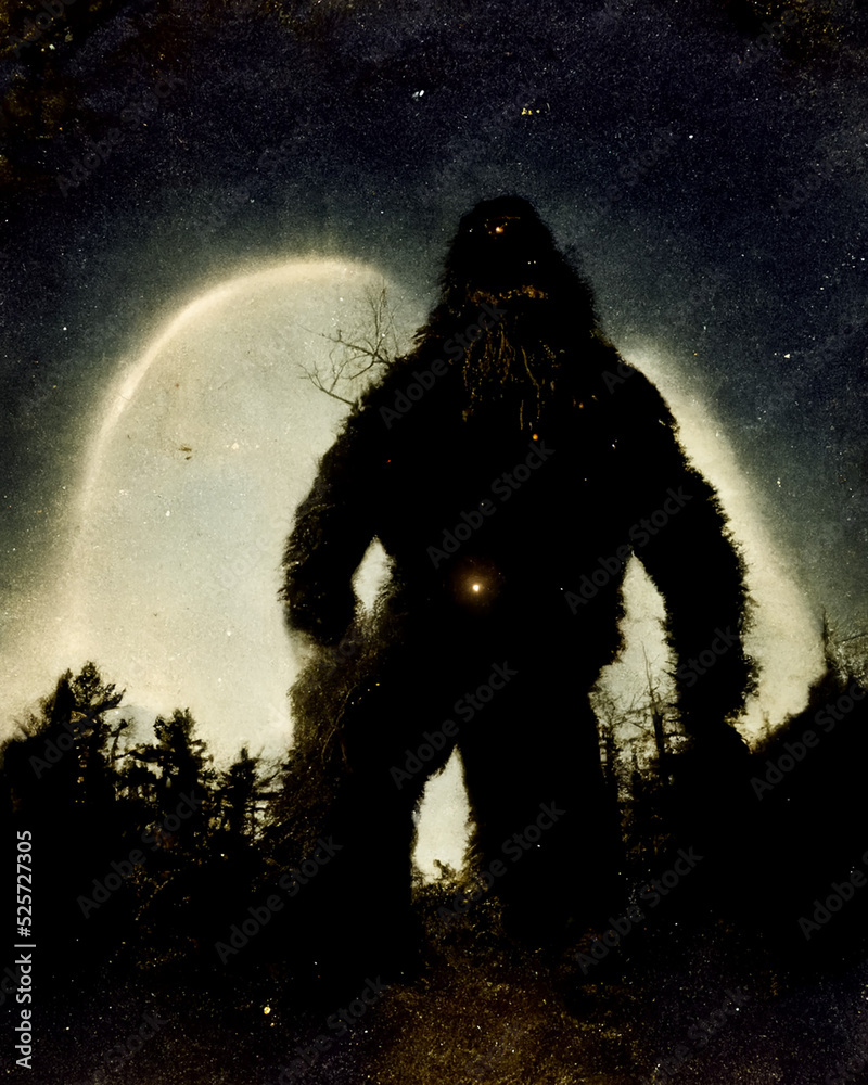Bigfoot emerges from the trees at night with the moon and trees behind ...