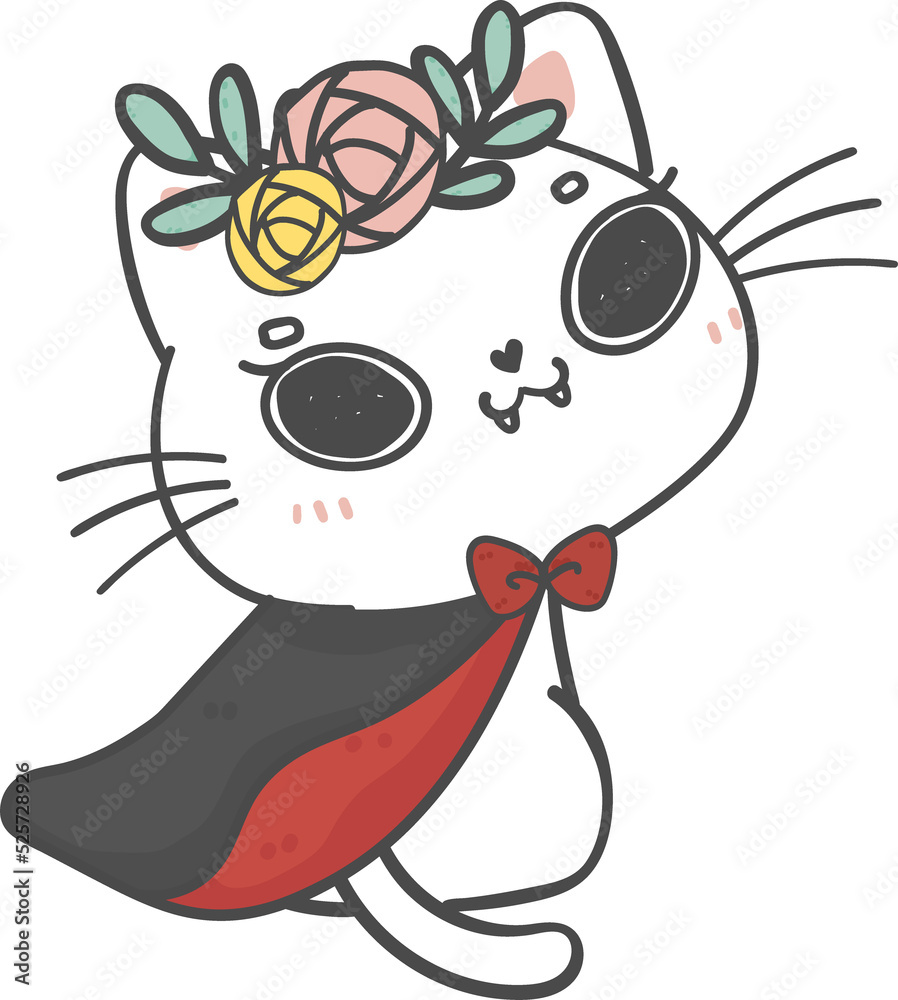 cute Hallooween kitten cat in party costume cartoon doodle hand drawing ...