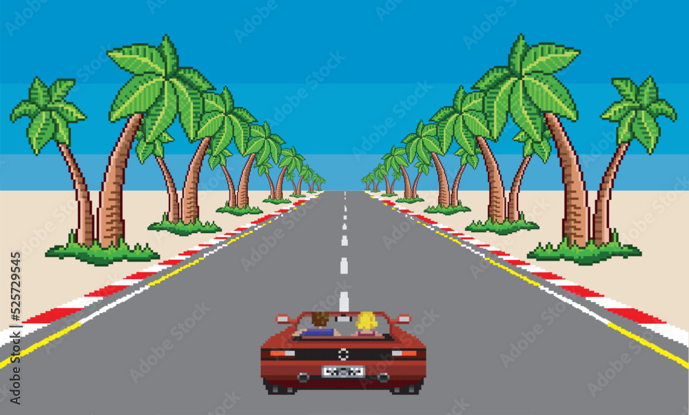 Vecteur Stock Pixelated retro arcade racing car formula. pixel beach ...