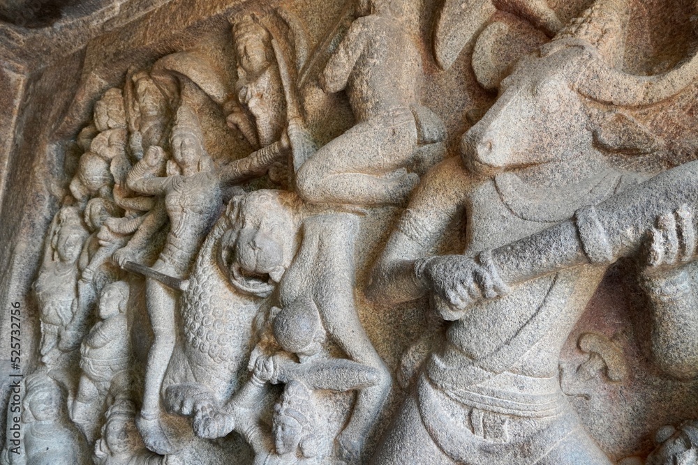 Battlefield scene of Hindu Goddess Durga fight with the Buffalo headed ...
