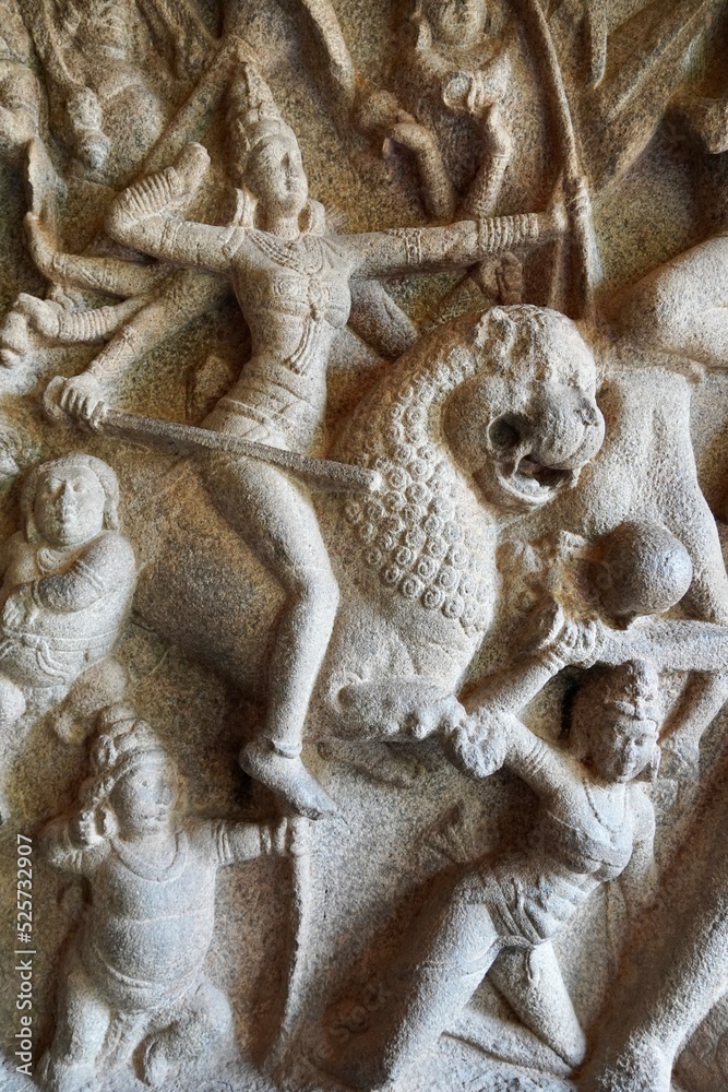 Battlefield scene of Hindu Goddess Durga fight with the Buffalo headed ...