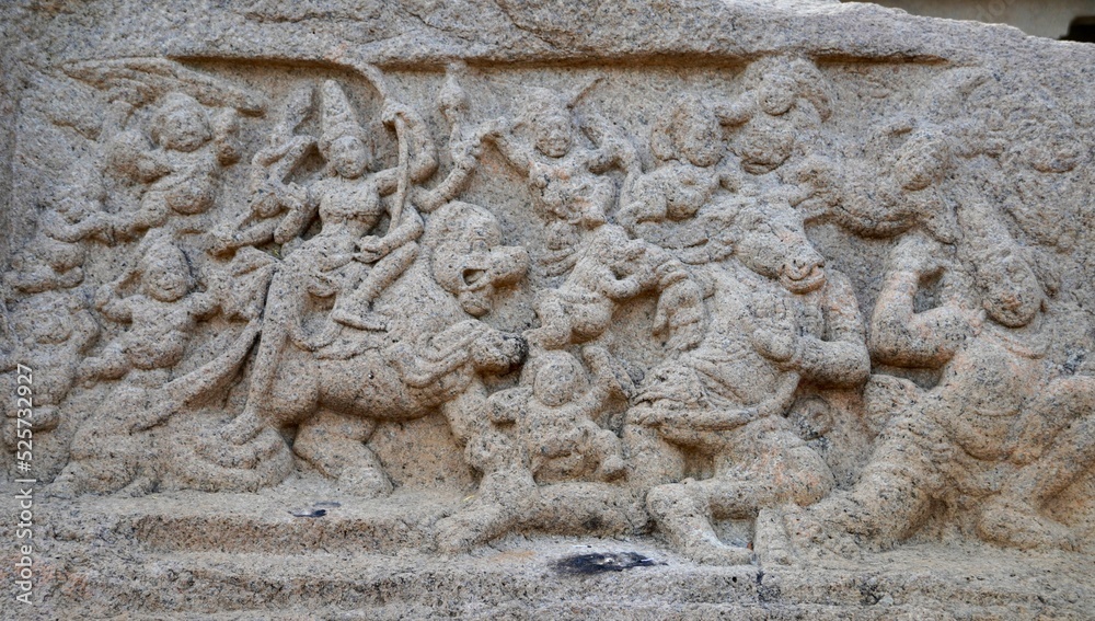Battlefield scene of Hindu Goddess Durga fight with the Buffalo headed ...