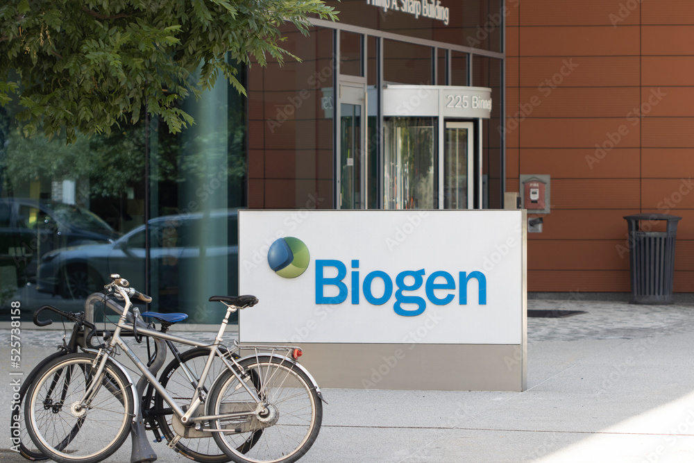 Cambridge, MA, USA - June 29, 2022: Biogen logo is seen at its ...