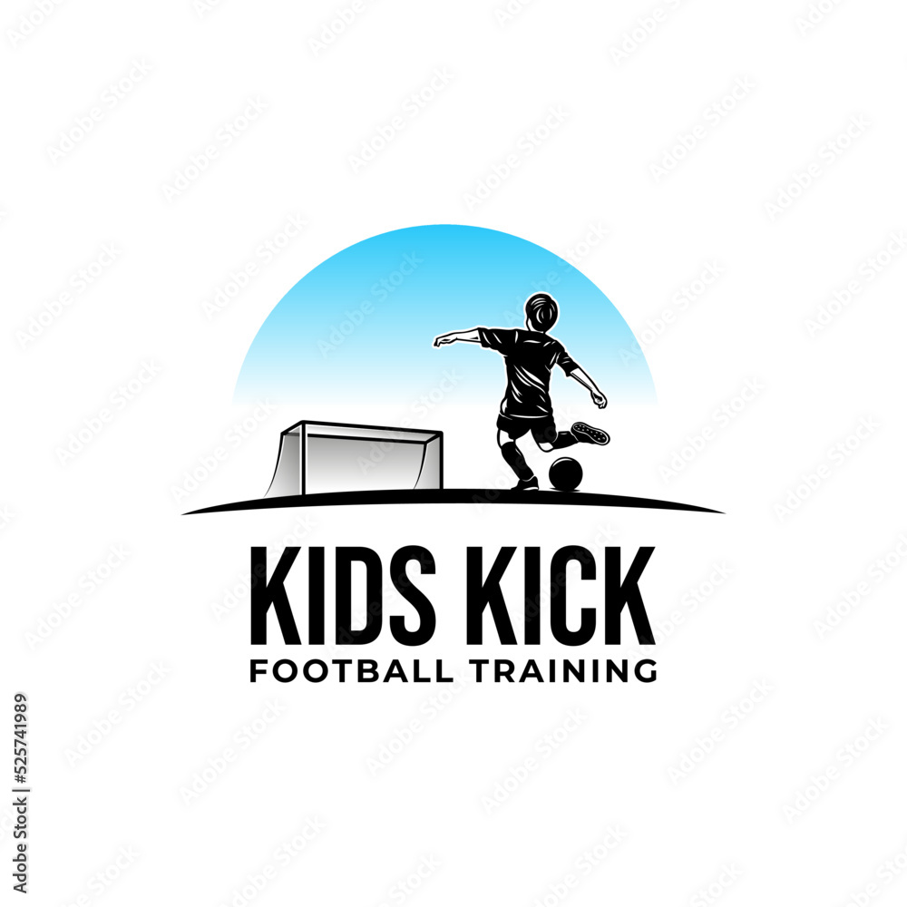 little boy kicks a ball. kids football sports training logo design ...