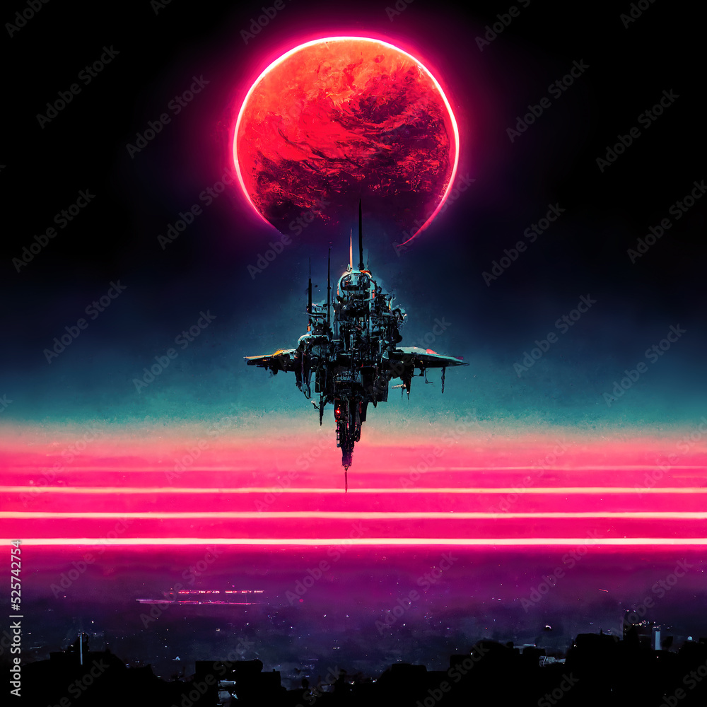 Flying city or spaceship with red moon as synthwave illustration Stock ...