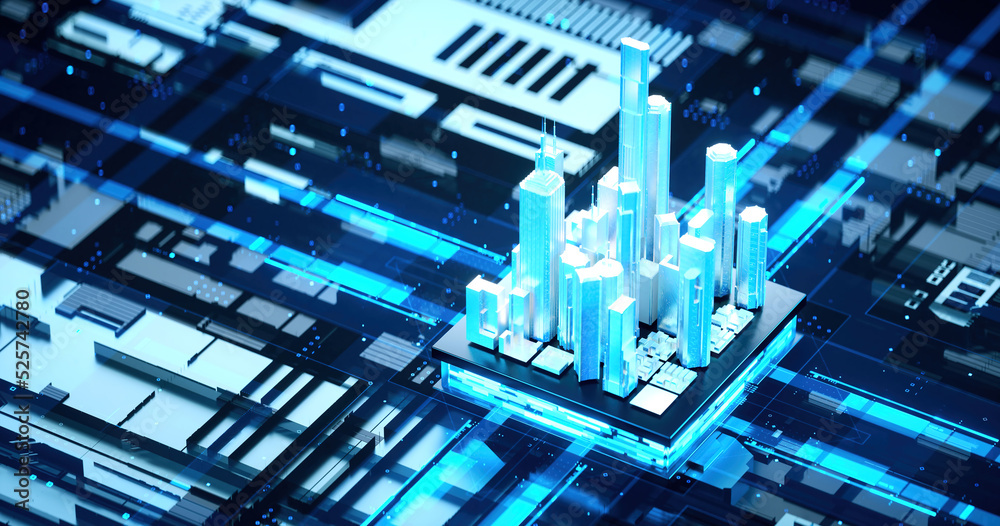 3D rendering of cyberpunk AI. Circuit board. Technology background ...