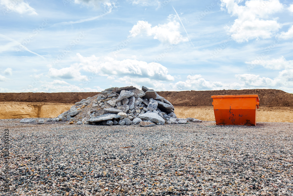 construction site, building site and rubble container, concrete debris ...
