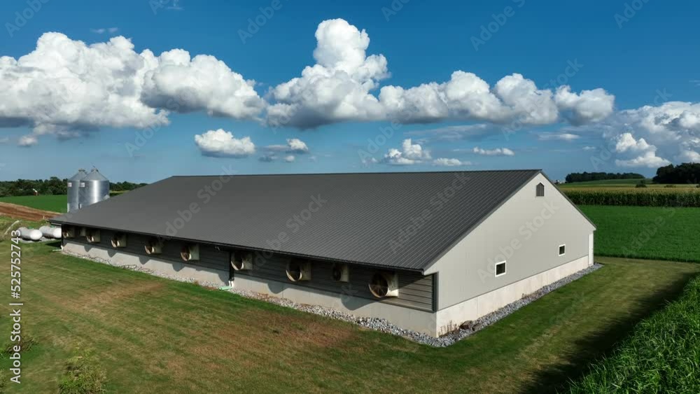 Ag industry theme. Aerial reveal of pig barn in rural countryside in ...