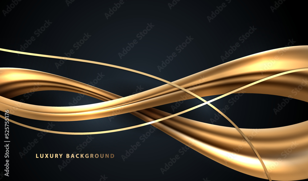 Gold wave flow and golden glitter lines on black background. Abstract ...