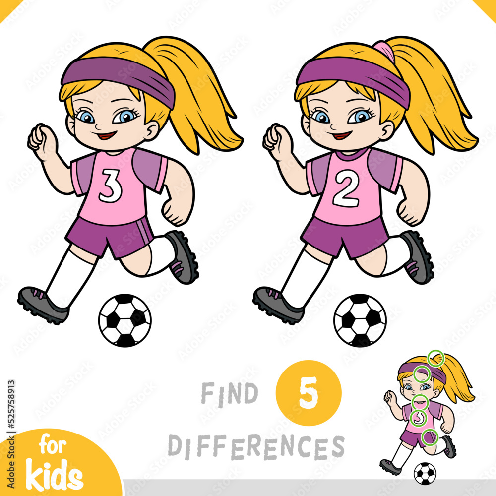 Find differences, educational game for kids, Football player girl with ...