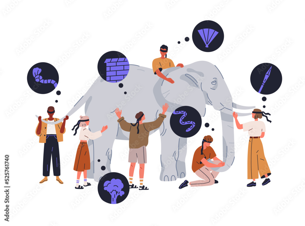 Blind, blindfold people touching elephant parable story. Philosophy ...