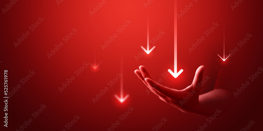 Crisis business economy recession decrease down arrow on red background ...
